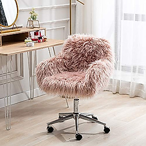 SSLine Desk Chair Faux Fur Task Chair,Modern Cute Accent Armchair Office Chair,Comfy Fuzzy Swivel Makeup Stool Desk Chair with Wheels for Living Room/Bedroom/Dressing Room,Pink