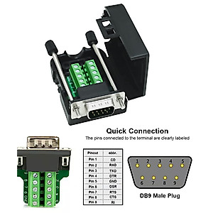 DTech DB9 Breakout Connector, Male RS232 Serial Adapter, Solderless Module Board with Screw Terminals, Case, Long Bolts, Tail Pipes