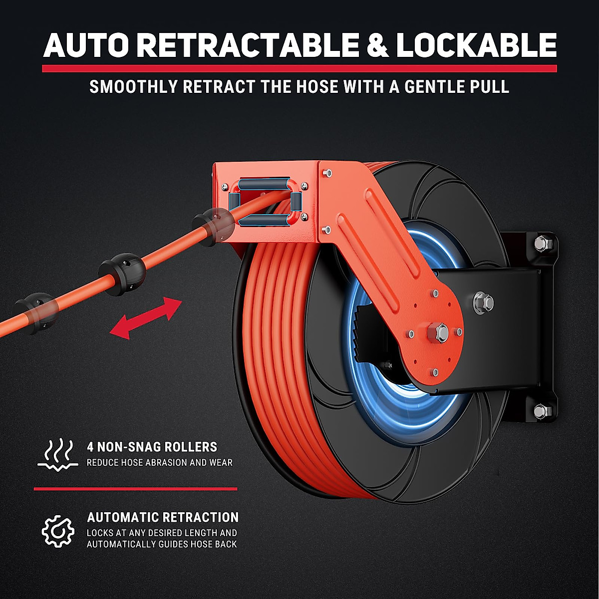 Air Hose Reel, 3/8 In X 65 ft Retractable Air Hose Reel, Double Arm & Auto Rewind Air Compressor Hose Reel Heavy Duty Air Tool Hose Reels with 6 ft Lead In Max 300PSI for Ceiling/Wall Mounts