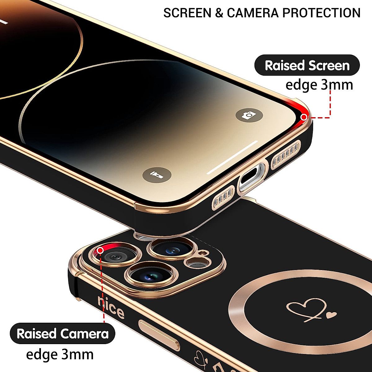 BENTOBEN iPhone 14 Pro Max Phone Case [Compatible with Magsafe] Slim Thin Luxury Gold Heart Design Shockproof Protection Soft TPU Bumper Drop Protective Girls Women Boy Men 14 ProMax Cover, Black/Gold