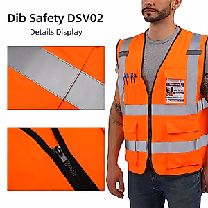 Dib Safety Vest Reflective ANSI Class 2, High Visibility Vest with Pockets and Zipper, Construction Work Vest Hi Vis Orange L