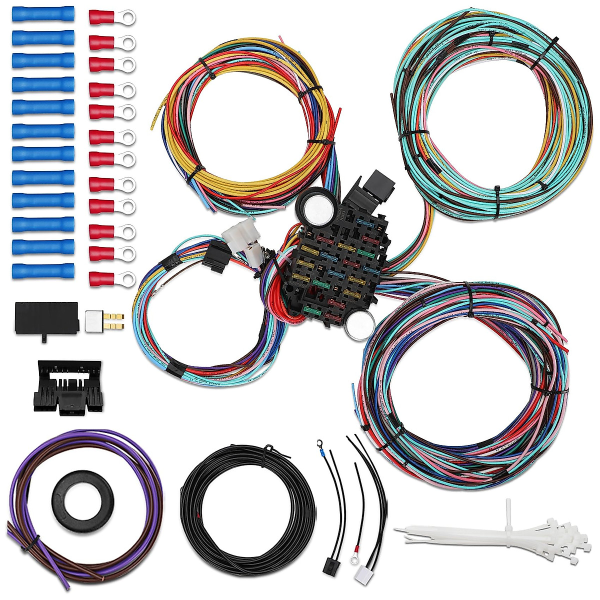 Universal 21 Circuit Wiring Harness Kit, 21 Circuit Wiring Harness Kit, 21 Circuit Universal Wiring Harness Kit Extra Long Wire Standard Color 17 Fuses for GM Chevy Chrysler Ford Mopar Hotrods Ratrods