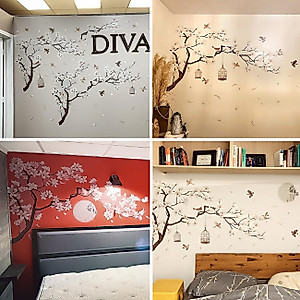 Chinese Style White Flowers Black Tree and Flying Birds Wall Stickers Removable DIY Wall Art Decor Decals Murals for Offices Home Walls Bedroom Study Room Wall Decaoration, 50inchx74inch