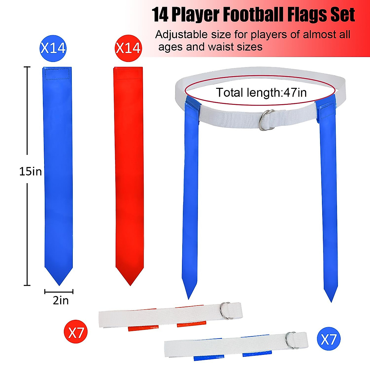 Flag Football Set, 14 Player Football Flags and Belts Set, Includes 14 Belts, 28 Football Flags, 4 Cones, 8 Disc Cones (14 Players)