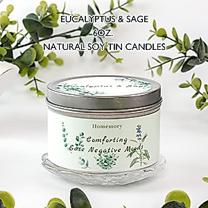 Homemory Eucalyptus & Sage Scented Candles, Candles for Home Scented, Stress Relief Candles for Cleansing Negative Energy, Natural Soy Candles, Aromatherapy Candles Eucalyptus, Soy Tin Candle 6oz 