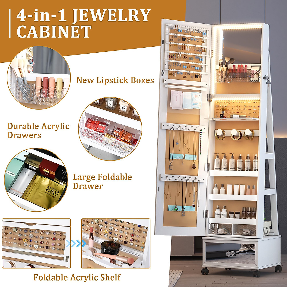 Vlsrka 360° Swivel Jewelry Mirror Cabinet with Lights, Standing Jewelry Armoire Organizer Rotatable Full Length Mirror with Jewelry Storage, Lockable with Rear Storage Shelves, Built-in Makeup Mirror