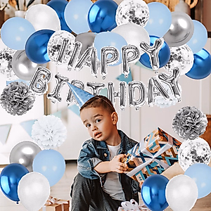 Baby Blue and Silver Birthday Decorations Light Blue White Silver Birthday Party Decorations Blue Balloon Garland Kit with Silver Happy Birthday Balloon Banner Cake Topper for Boys Girls
