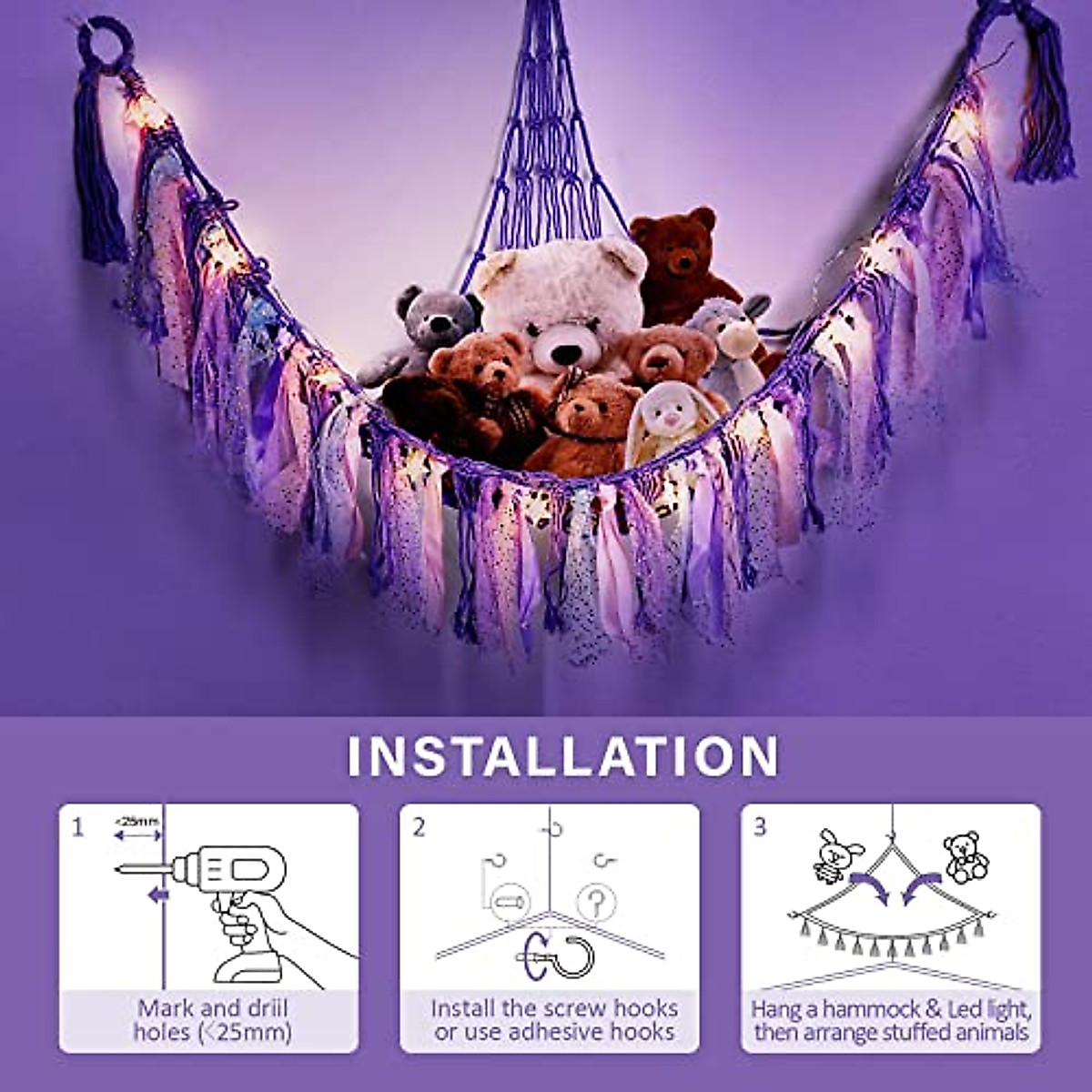 Stuffed Animal Net or Hammock with Light, Hanging Plush Toy Hammock Stuffed Animal Storage Organizer Holder Room Decor with Tassels Hooks for Kids Nursery Playroom Bedroom