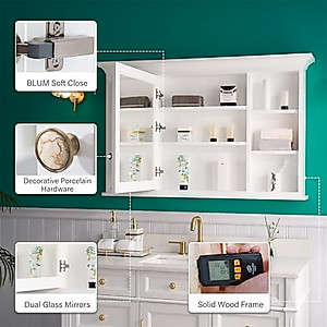 WELLFOR 48"x 30" Wall Mounted Medicine Cabinet with Double-Side Mirrors, Solid Wood Mirror Cabinet Storage with Open/Built-in 6 Shelves and Soft-Close Door, Wood Medicine Cabinet with Mirror