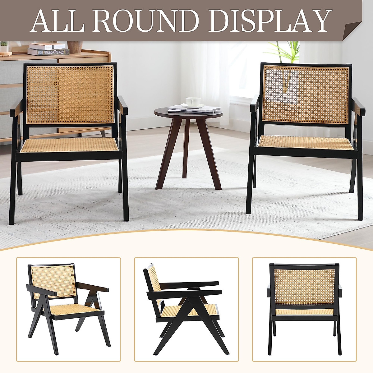 ABET Cane Accent Chairs Set of 2, Wooden Comfy Rattan Living Room Chairs with Woven Backrest & Seat, Solid Leisure Armchair, Mid-century Boho Cane Lounge Chairs for Bedroom, Patio, Balcony, Black