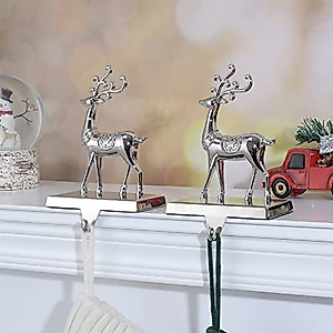 Desami Stocking Holder Set of 2 - Christmas Reindeer Stocking Hanger for Mantel - Silver Metal Deer Christmas Stocking Holder for Fireplace Mantle - Heavy Stocking Holder for Mantle with Hook