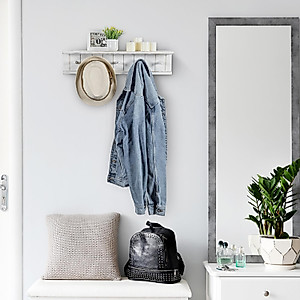 MyGift Wall Mounted 5-Hook Vintage White Wood Floating Bathroom Shelf & Towel Rack