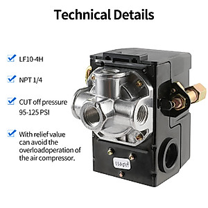 OAMCE Air Compressor Pressure Switch Replacement LF10-4H with 95-125 PSI Range and 20A Rating, 4-Port