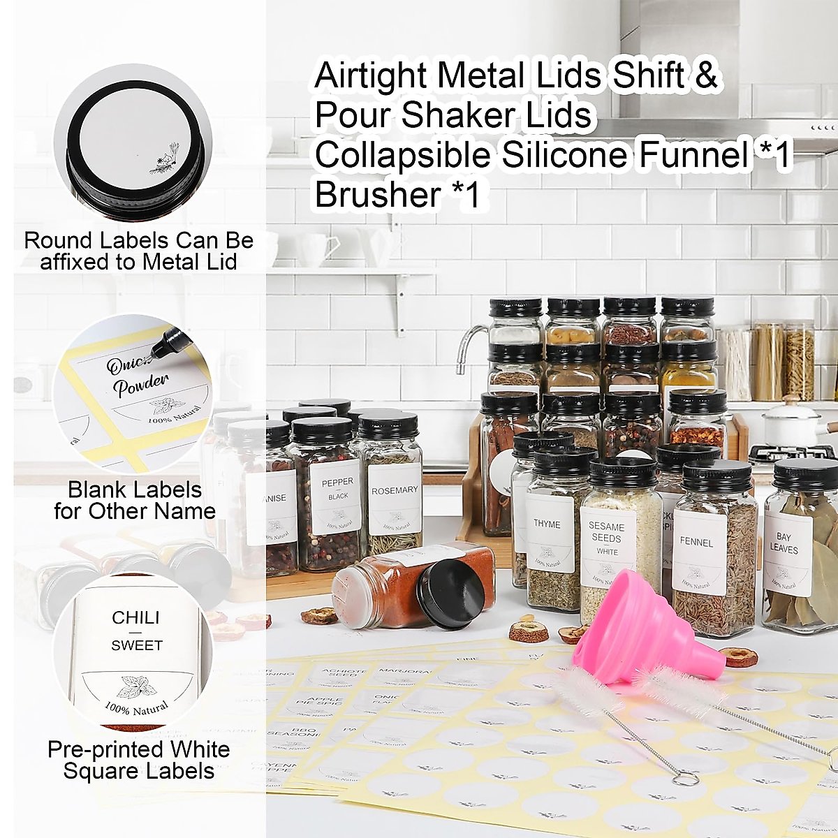 48 Pcs Glass Spice Jars with Labels and Black Lids 4oz Spice Container Set Seasoning Bottles with Blank and Printed Labels, Shaker Lids, Collapsible Funnel and Brush Included