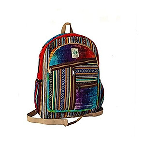 Hemp Backpack | 100% Pure Hemp - All Natural Handmade Multi Pocket Large Laptop Backpack | Travel Backpack - for Women and Men | Laptop Sleeve -Water Bottle Pockets | Boho Hippie - Rainbow