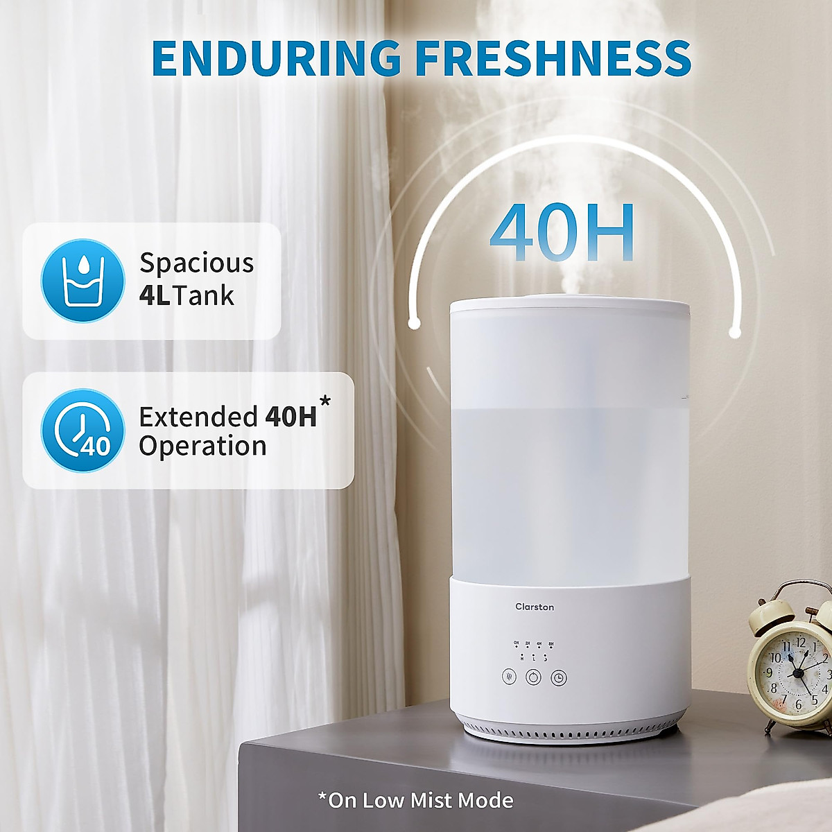 Clarston Humidifiers for Bedroom, 4L Cool Mist Humidifier with Essential Oils Diffuser and Nightlight, Top Fill Humidifiers for Home Large Room, Timer, Auto Shut-off, 40H Runtime