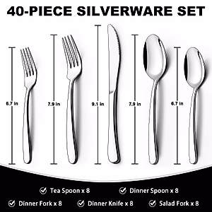40-Piece Silverware Set with Organizer, EWFEN Heavy Duty Stainless Steel Flatware Set for 8, Food-Grade Tableware Cutlery Set, Utensil Sets for Home Restaurant, Mirror Finish, Dishwasher Safe