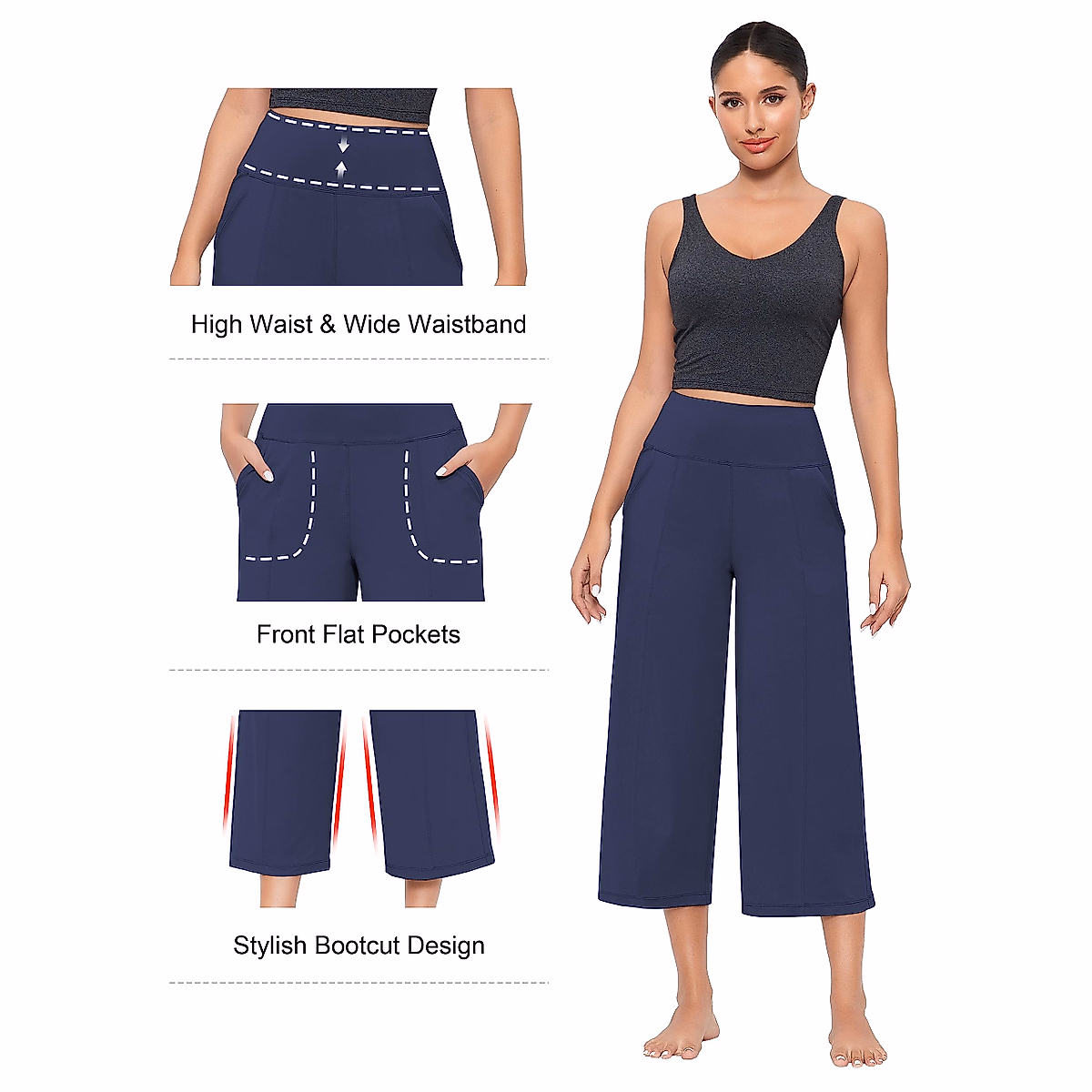 BUBBLELIME Women's Bootleg Yoga Capris Pants High Waist Workout Flare Crop with Pockets - DARKNAVY_Medium