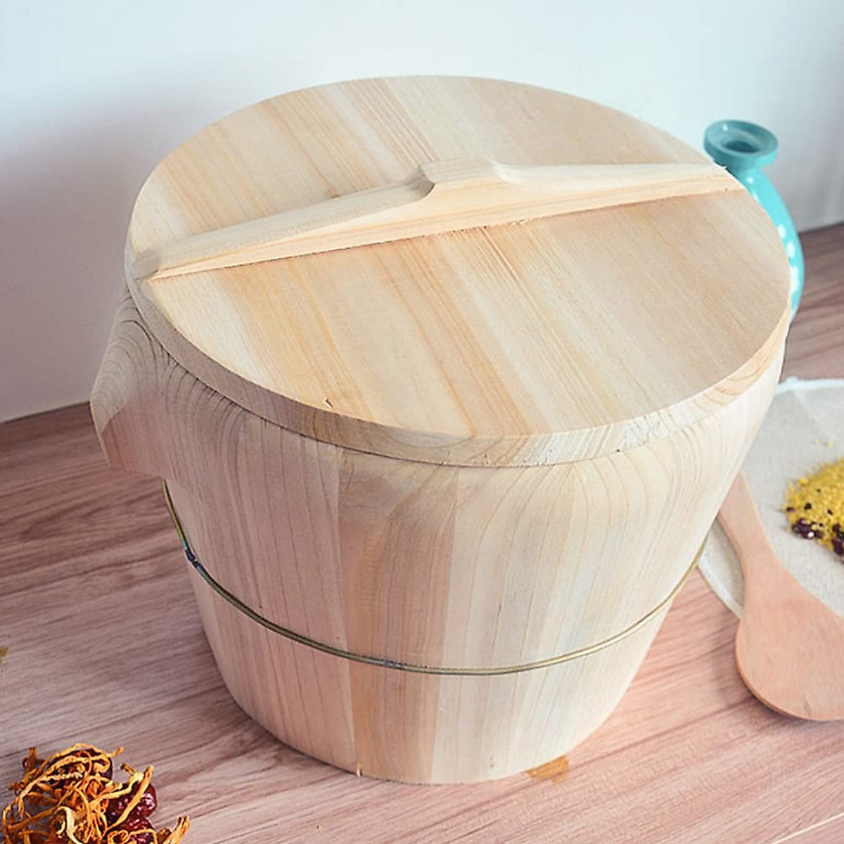 Cabilock 1 Set Wooden Rice Bowl Bucket Wooden Steamed Rice Barrel Handmade Cooking Rice Barrel with Stearmer Liner Lid and Rice Paddle for Home Chinese Restaurant Wood Color