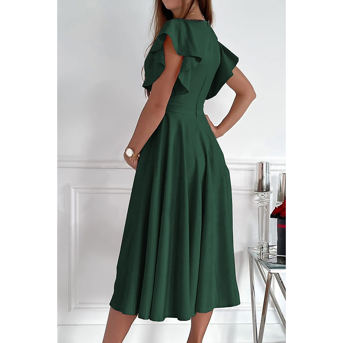 PRETTYGARDEN Women's Summer Midi Dress Ruffle Cap Sleeve V Neck Cocktail Party Swing A Line Fit and Flared Dresses (Dark Green,X-Large)