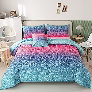 RYNGHIPY 6Pcs Gradient Glitter Bedding Set for Girls Twin Size, Colorful Rainbow All-Season Comforter Set, Ultra Soft Bedding Collections