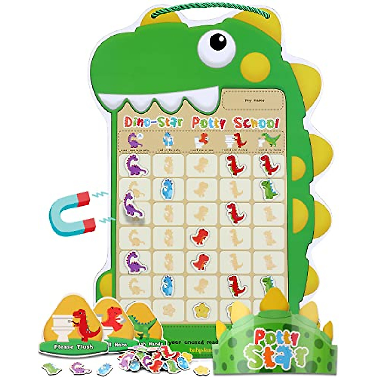 Potty Training Chart for Toddlers Boys & Girls - A Dinosaur Potty Chart with 35 Reusable Magnetic Dinosaur & Star Stickers for Kids Potty Training Reward, 3 Instruction Steps & Crown (Dinosaurs Theme)