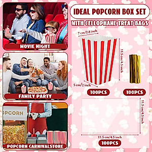JarThenaAMCS 200Pcs Mini Popcorn Bags Bulk Paper Popcorn Boxes with Clear Plastic Treat Bags Red White Stripe Popcorn Buckets Paper Candy Favor Bags for Movie Night Party Supplies, 4.5 x 2.8 x 2 Inch