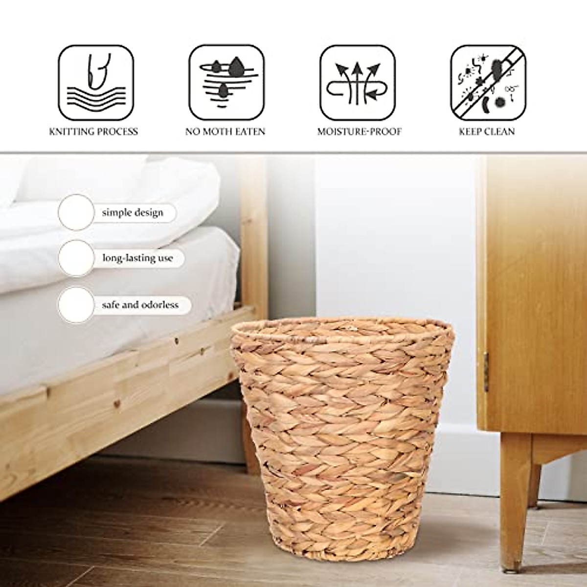VOSAREA Water Hyacinth Wicker Trash Can Natural Woven Waste Basket Round Wastebasket Garbage Bin for Home Sundries Laundry