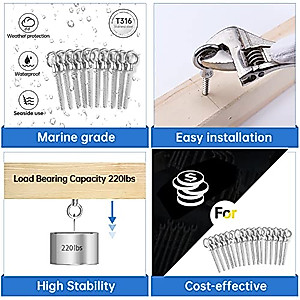 Muzata 10Pack 3.8Inch M6 Screw Eye Hook Wood Screws Metal Hook T316 Stainless Steel for Wood Securing Cable Wire Terminal Ring Eyelet Stand Self Tapping Eye Bolt Indoor Outdoor CN02
