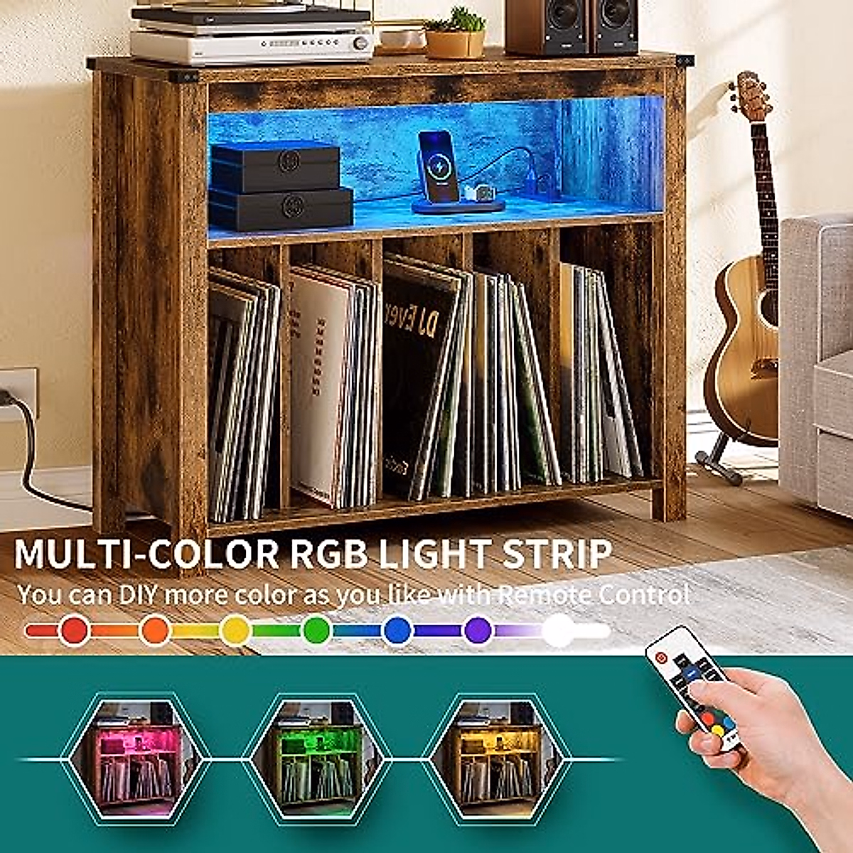 YITAHOME Large Record Player Stand with Power Outlets & LED Lights, Vinyl Record Storage Table with Display Shelf Holds Up to 200 Albums, Turntable Stand for Living Room, Bedroom, Brown