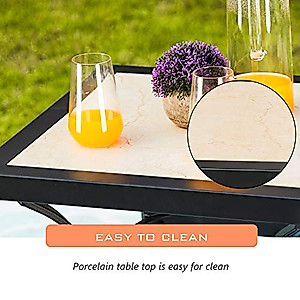 LOKATSE HOME 21" Outdoor Square Patio Dining Table Metal Steel Legs with Ceramics Top, Black