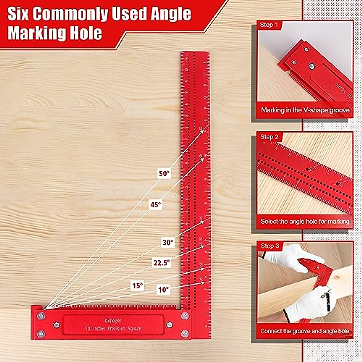 12 inch Try Square Ruler with 0.7mm Mechanical Pencil and 0.7mm Lead Refill, Carpenter Precision Woodworking Square, L Square, CNC-Machined, Metal Aluminum
