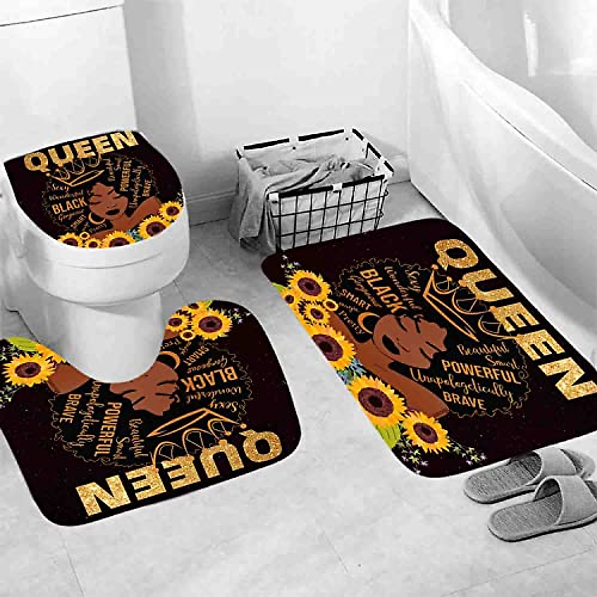Mycurer African Bathroom Sets with Shower Curtain and Rugs,American Black Queen Inspiring Quotes Bathroom Sets with Accessories,Sunflower Black Girl Bathroom Curtains Shower Set,Large Size