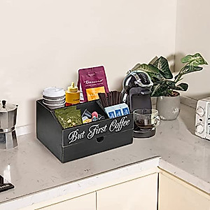 Coffee Station Organizer, Wood K Cup Coffee Pods Holder with Drawer, Countertop Coffee Bar Accessories Tea Bag Organizer, Coffee Bar Condiment Organizer for Coffee Bar Decor, Coffee Lovers Gift
