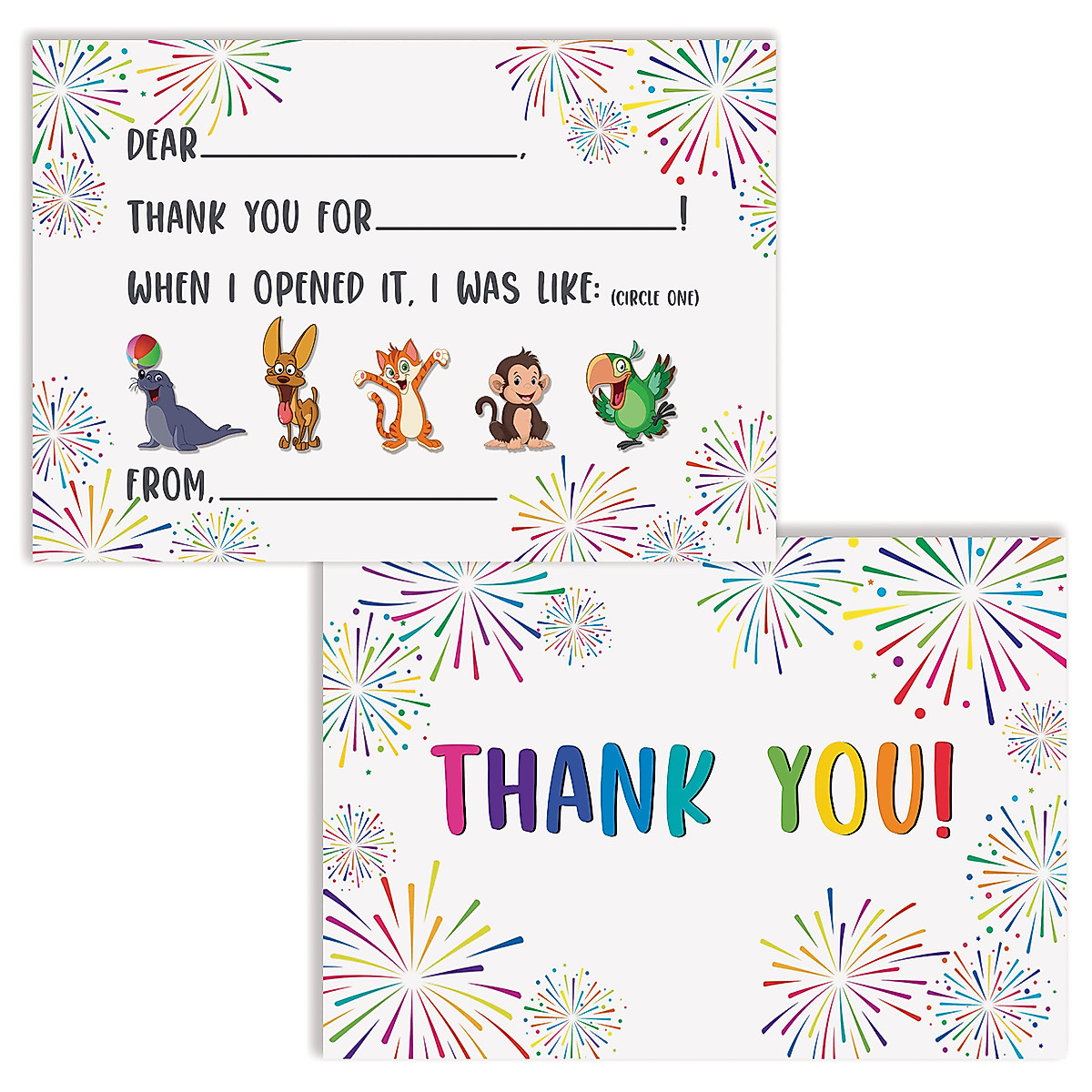 Better Office Products 50 Pack Kids Fill in the Blank Thank You Cards with Envelopes, for Boys and Girls, 4.25 x 6 Inch, Double Sided Design, Fun Characters to Circle