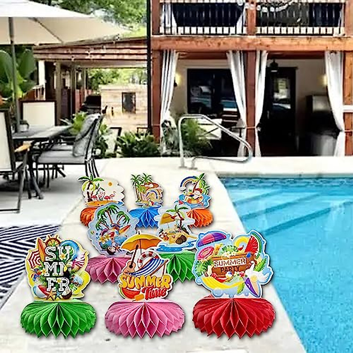Uyoulis Set of 8 Premium 3D Double-Sided Paper Honeycomb Centerpiece Decorations for Summer Pool Hawaiian Beach Parties - Desktop Decor, Birthday Photo Props, and Holiday Party Supplies