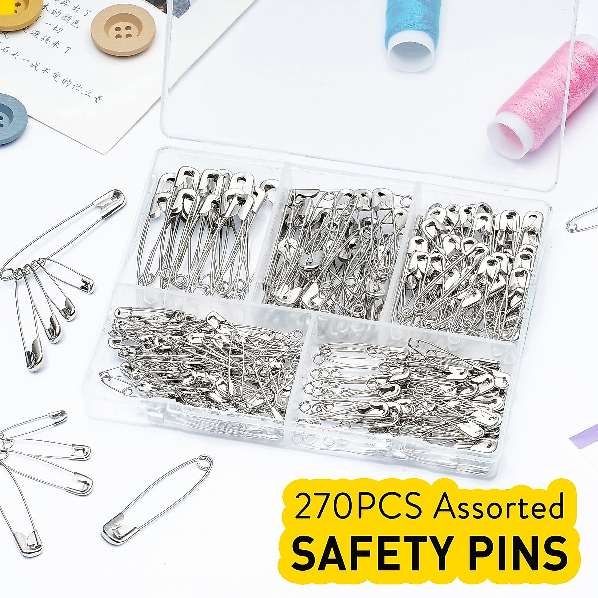 Crafare 280 Pack 1-2.2 inch Safety Pins Rust-Resistant Nickel Plated Steel Sharp Edge for Clothes, Sewing, Arts & Craft