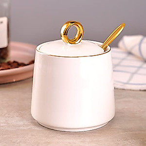 WHJY Ceramic Sugar Bowl with Lid and Spoon, Simple White Clear Porcelain Salt Bowl Salt Container, Modern Spice Box Seasoning Jar for Home and Kitchen Coffee Bar - White