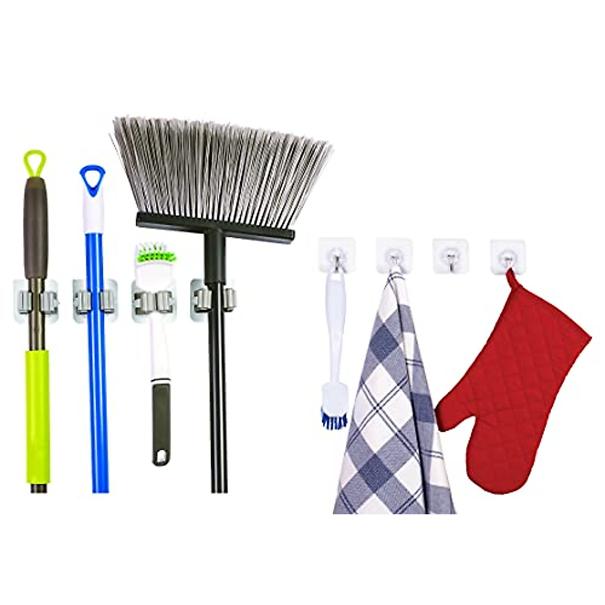 Ideas In Life 8 Piece Mop and Broom Organizer Utility Hook Set - Closet Organizer Holder for Cleaning Supplies Materials and Tools- Wall Mounted Rack with Hook Set Storage Solution