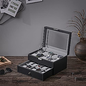 BEWISHOME Watch Box Organizer 20 Men Display Storage Case Metal Hinge Black PU Leather Glass Top Large Holder SSH04B
