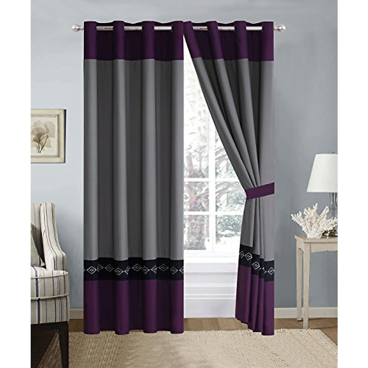 Grand Linen 3 Piece Full Size Dark Purple/Grey/Black Double-Needle Stitch Puckered Pinch Pleat All-Season Bedding-Down Alternative Embroidered Comforter Set