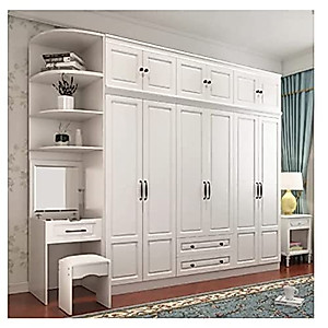 Solid Wood Family Wardrobe/Armoire/Closet, Wooden Cabinet Storage with Shelves, Hanging Rod, Wood Wardrobe Closet with Lock for Bedroom