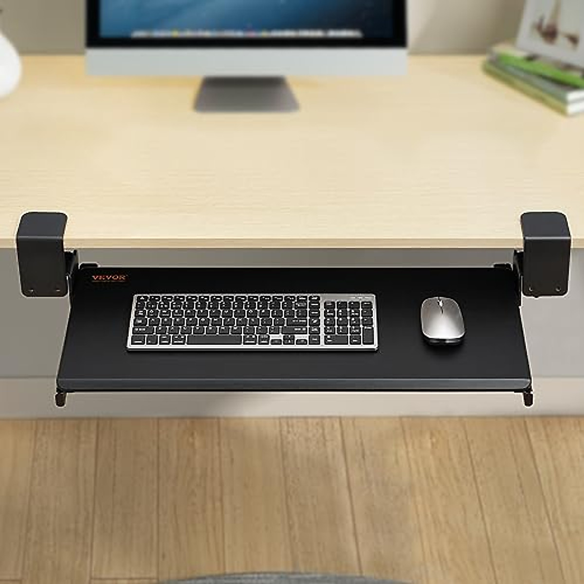 VEVOR Clamp on Keyboard Tray Under Desk, Desk Keyboard Tray Slide Out with Sturdy No-Drill C Clamp Mount, Large 26.8 x 11 inch Slide-Out Computer Drawer for Typing in Home, Office Work