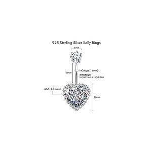 Musegetes Sterling Silver Belly Button Rings, Real 925 Sterling Silver, Heart Belly Rings, 14G Navel Piercing Rings, High Polished Smooth Surface, Resists Allergy, Sterling Silver, cubic zirconia