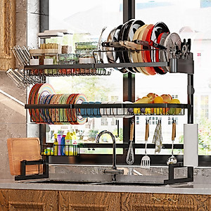 Over Sink Dish Drying Rack (Expandable Height/Length) Snap-On Design Large Dish Drainer Stainless Steel Storage Counter Organizer (31-39.5L x 12W x 34-38H (inches))