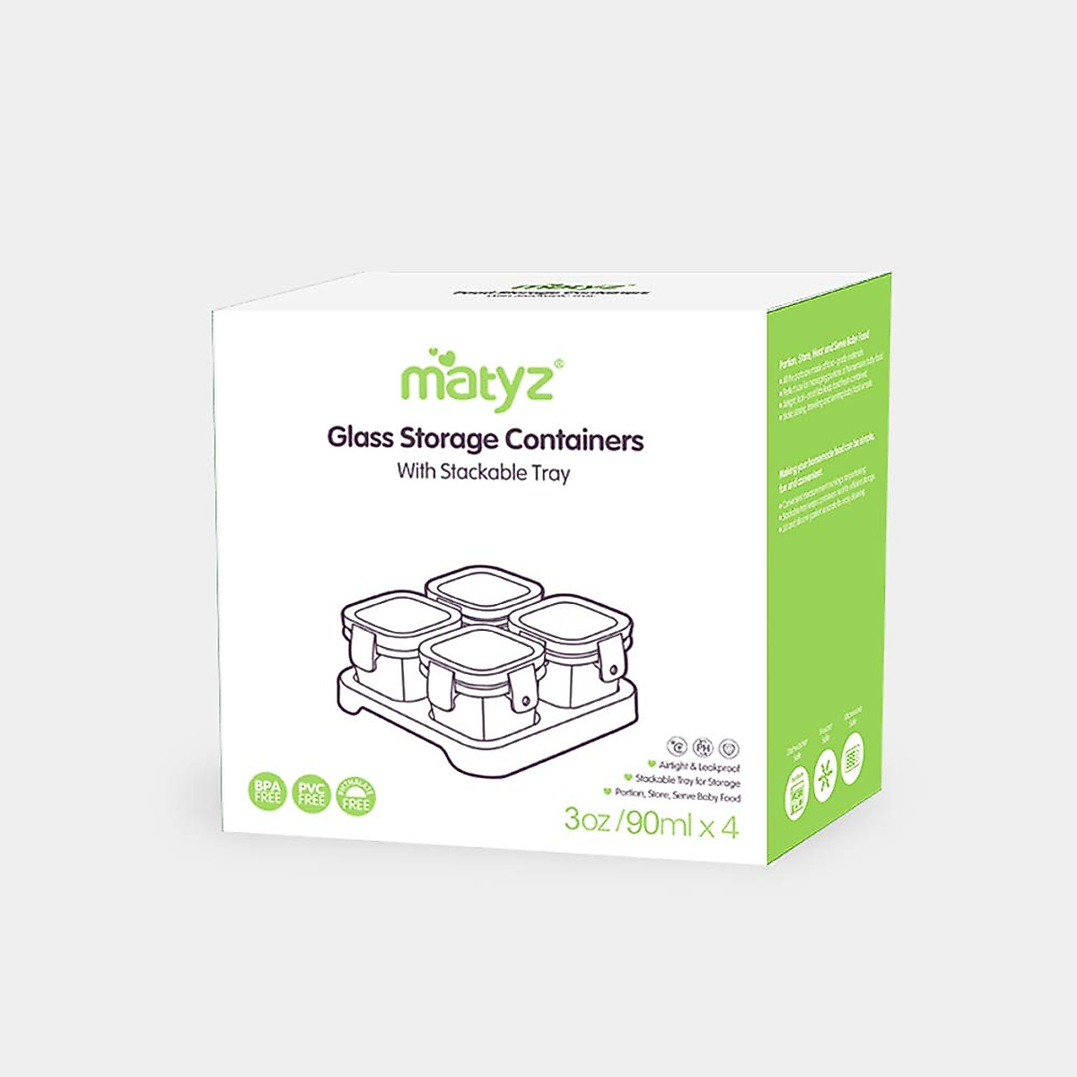 Matyz 4-Pack Glass Baby Food Containers with Airtight Lids and Stackable Tray (Mint Green, 3 OZ Each) - Glass Food Containers Freezer Safe for Baby Toddler - Stackable Baby Food Containers Glass