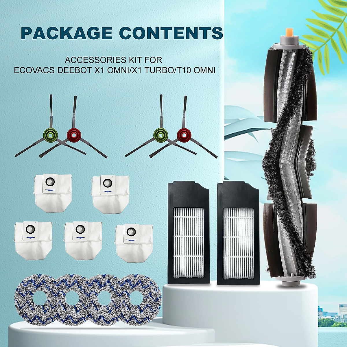 16Pack Replacement Parts Compatible with ECOVACS DEEBOTX1 Omni / X1TURBO / X1 Plus /T10 Omni Robotic Vacuum Cleaner Accessories, 1 Roller Brush 2 HEPA Filters 5 Dust Bags 4 Side Brushes 4 Mop Pads