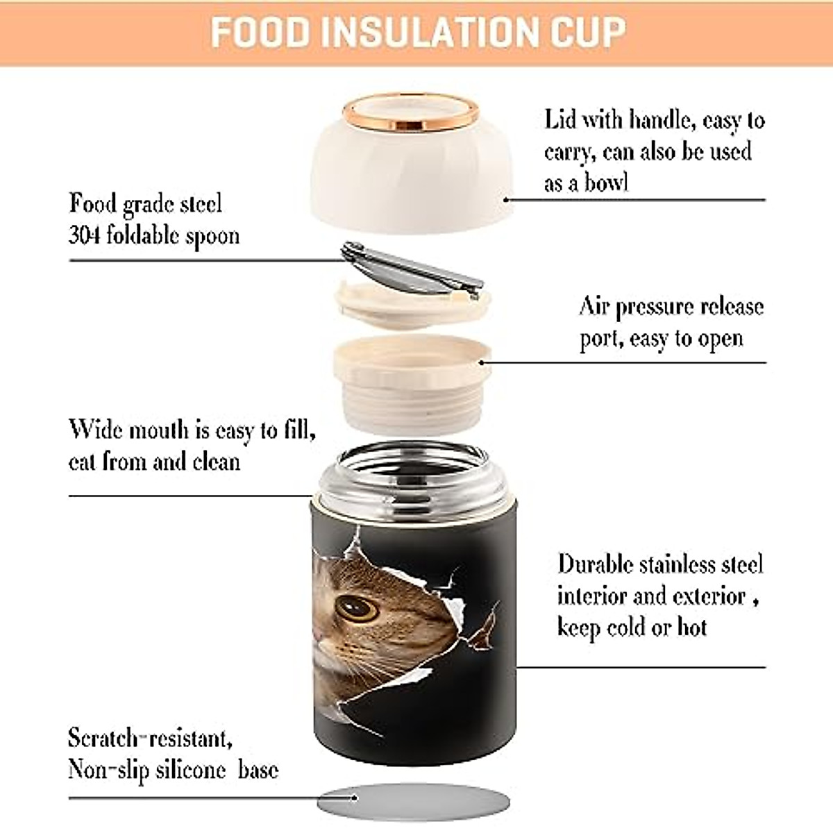 CUPADA Cat Funny Food Jar, Black Paper Hole Insulated Hot Food Jars Vacuum 17OZ with Folding Spoon for Work Trip Picnic Camping
