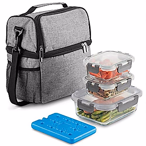 FINEDINE Lunch Bag with Glass Containers - Insulated Lunch Box for Women and Men - Leakproof Locking Lids & Ice Pack - 2-Compartment Cooler Tote for Work (Grey)