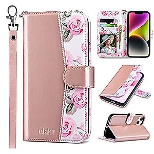 ULAK Compatible with iPhone 14 Wallet Case for Women, Flower Pattern PU Leather Flip Cover with Card Holder and Kickstand Feature Protective Phone Case Designed for iPhone 14 6.1 Inch, Rose Gold